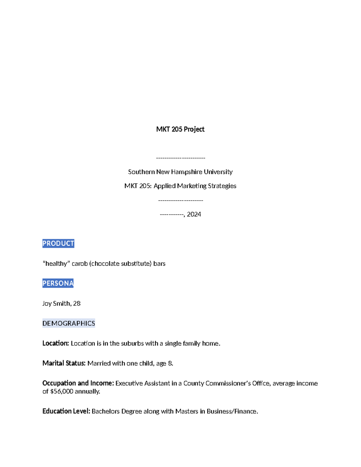MKT205 Project - MKT 205 Project Southern New Hampshire University MKT ...