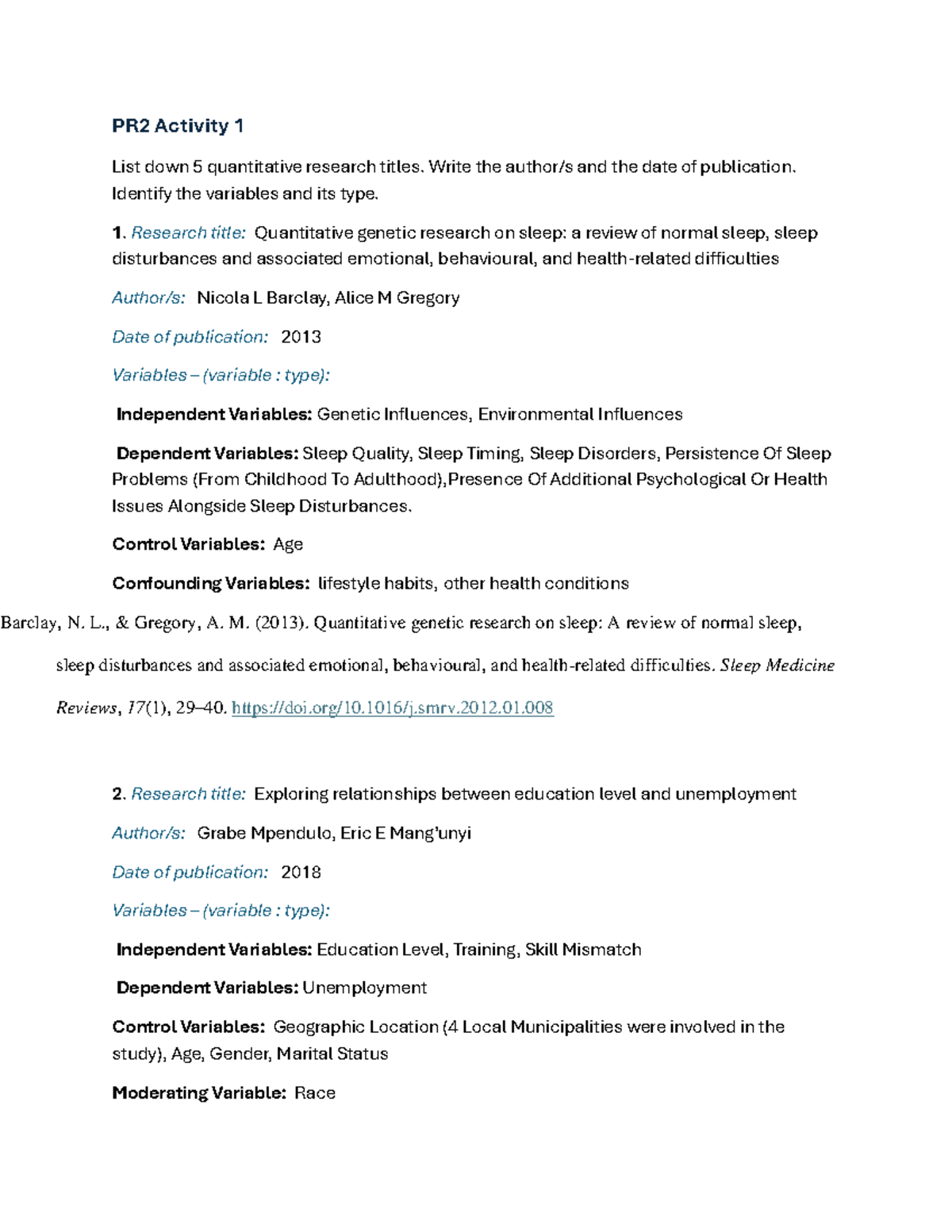 List 5 quantitative research and write it's variables. - PR2 Activity 1 List down 5 quantitative ...