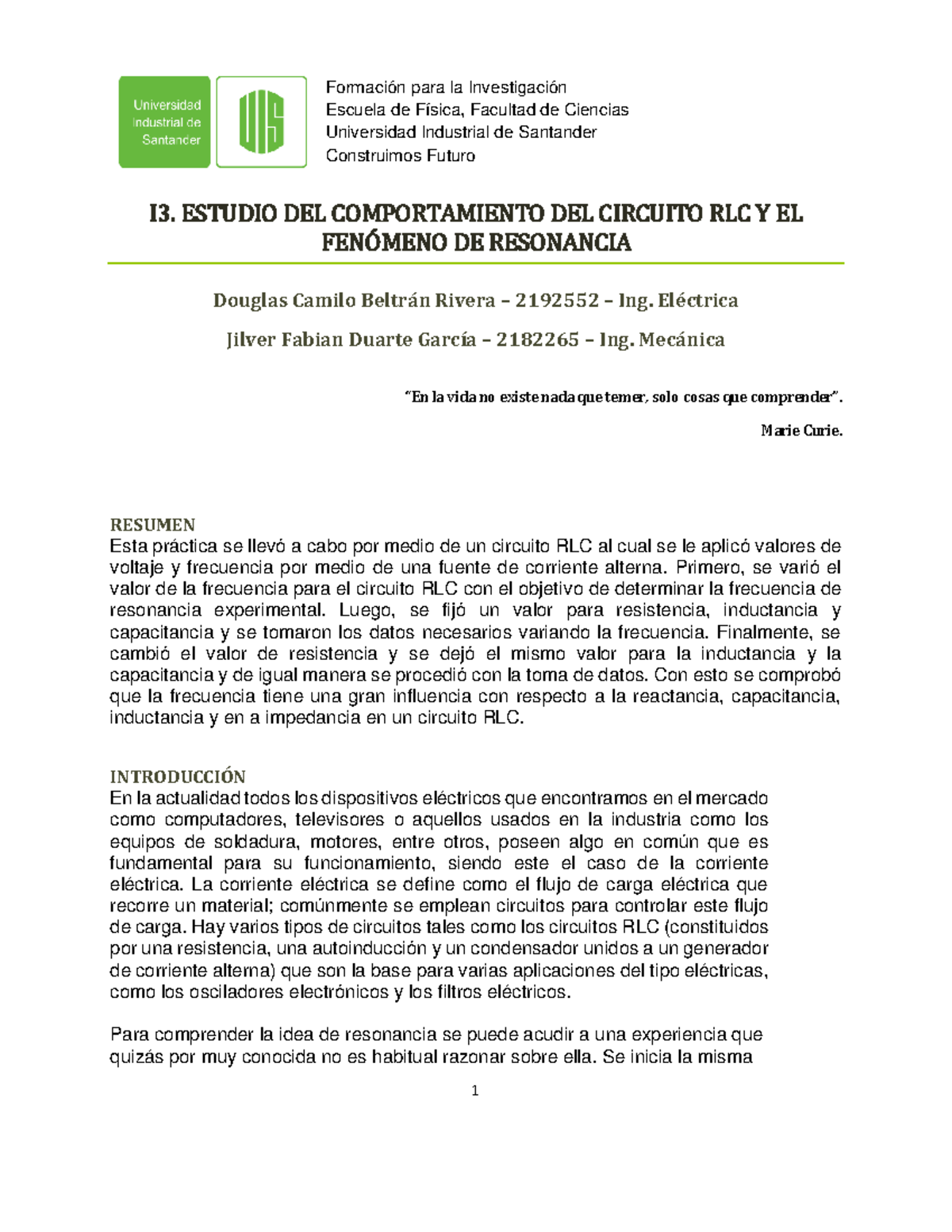 ESTUDIO DEL COMPORTAMIENTO DEL CIRCUITO RLC Y EL FENÓMENO DE RESONANCIA ...