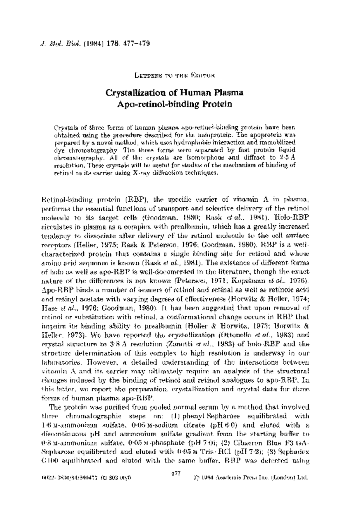 Crystallization of human plasma apo reti - J. MOE. Uiol. (1984) 178 ...