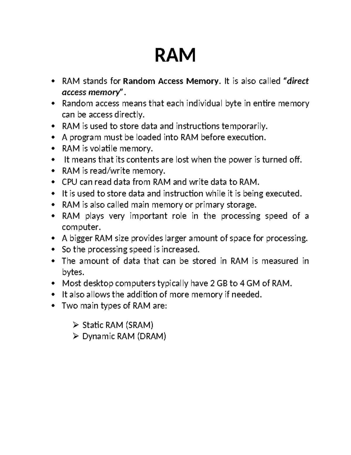 Random access memory Document 2021- 2022 - RAM RAM stands for Random ...