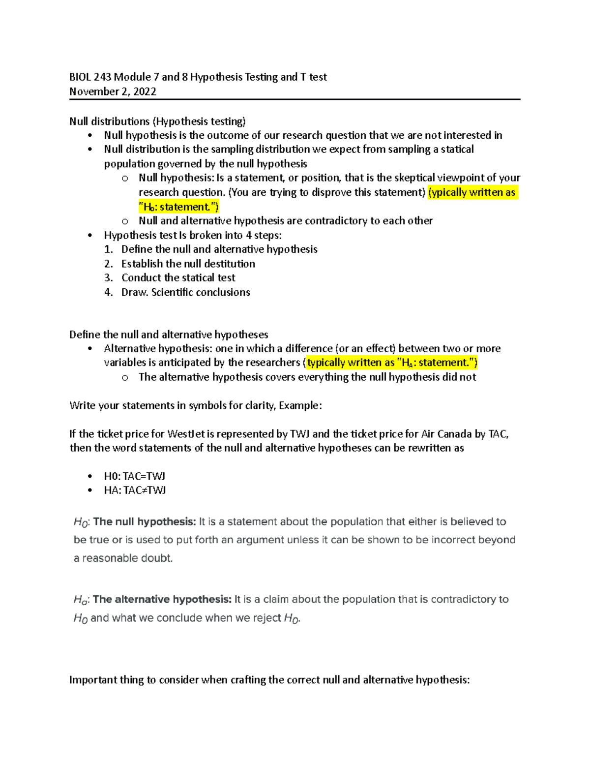 Week 8, Module 7 and 8 - BIOL 243 Module 7 and 8 Hypothesis Testing and ...