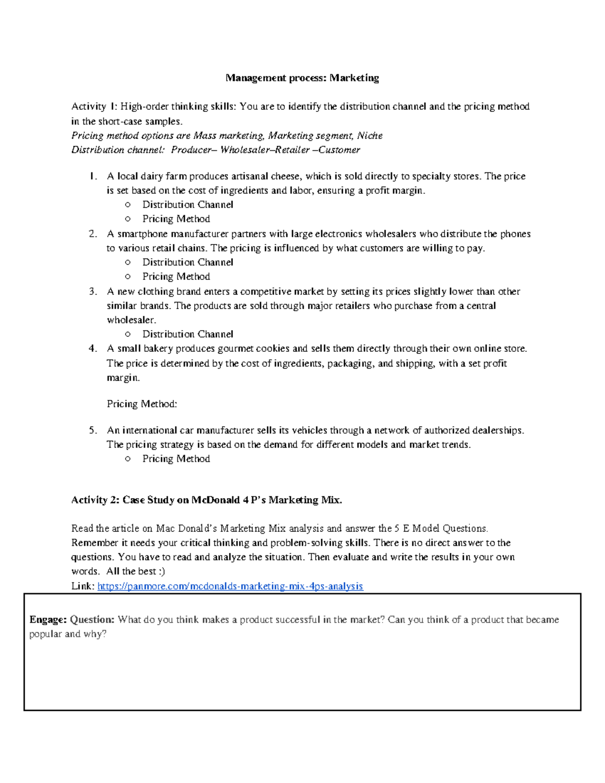 Difficult Worksheet Marketing - Management process: Marketing Activity ...
