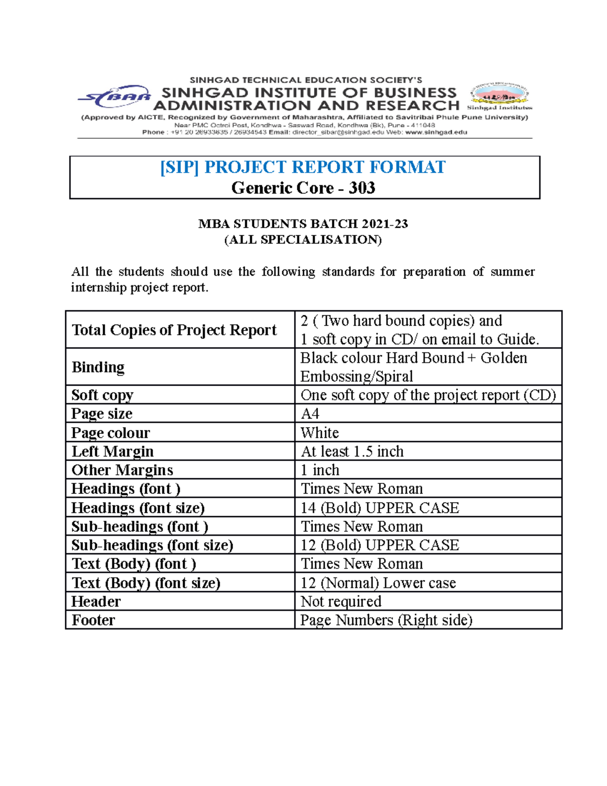 Project Report Format Sibar v1 - [SIP] PROJECT REPORT FORMAT Generic Core - 303 MBA STUDENTS ...