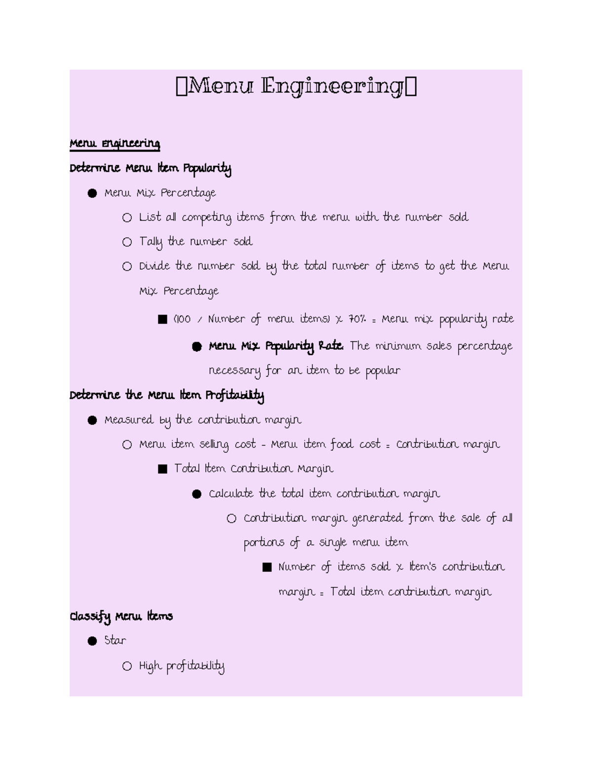 Menu Engineering - Lecture Notes - HTM 250 - UMass Amherst - Studocu