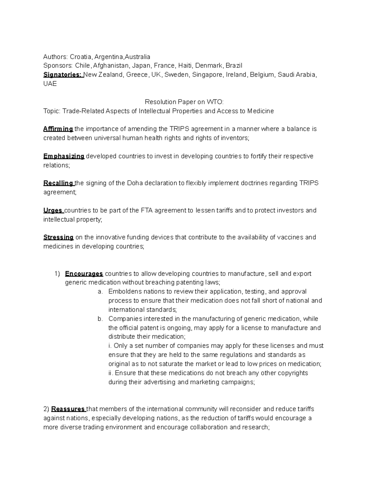 Resolution Paper on WTO - Authors: Croatia, Argentina,Australia ...