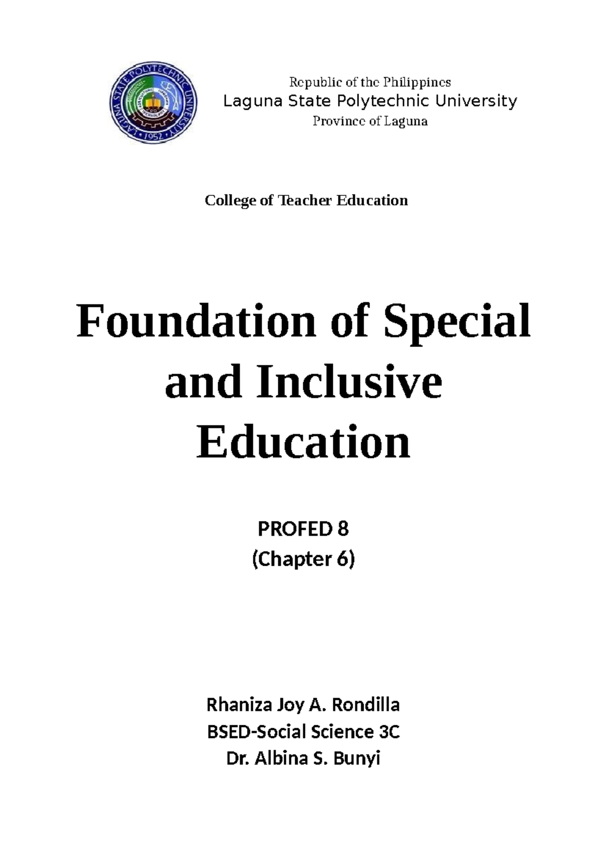 Rondilla Chapter 6 Foundations OF Special AND Inclusive Education.docx ...