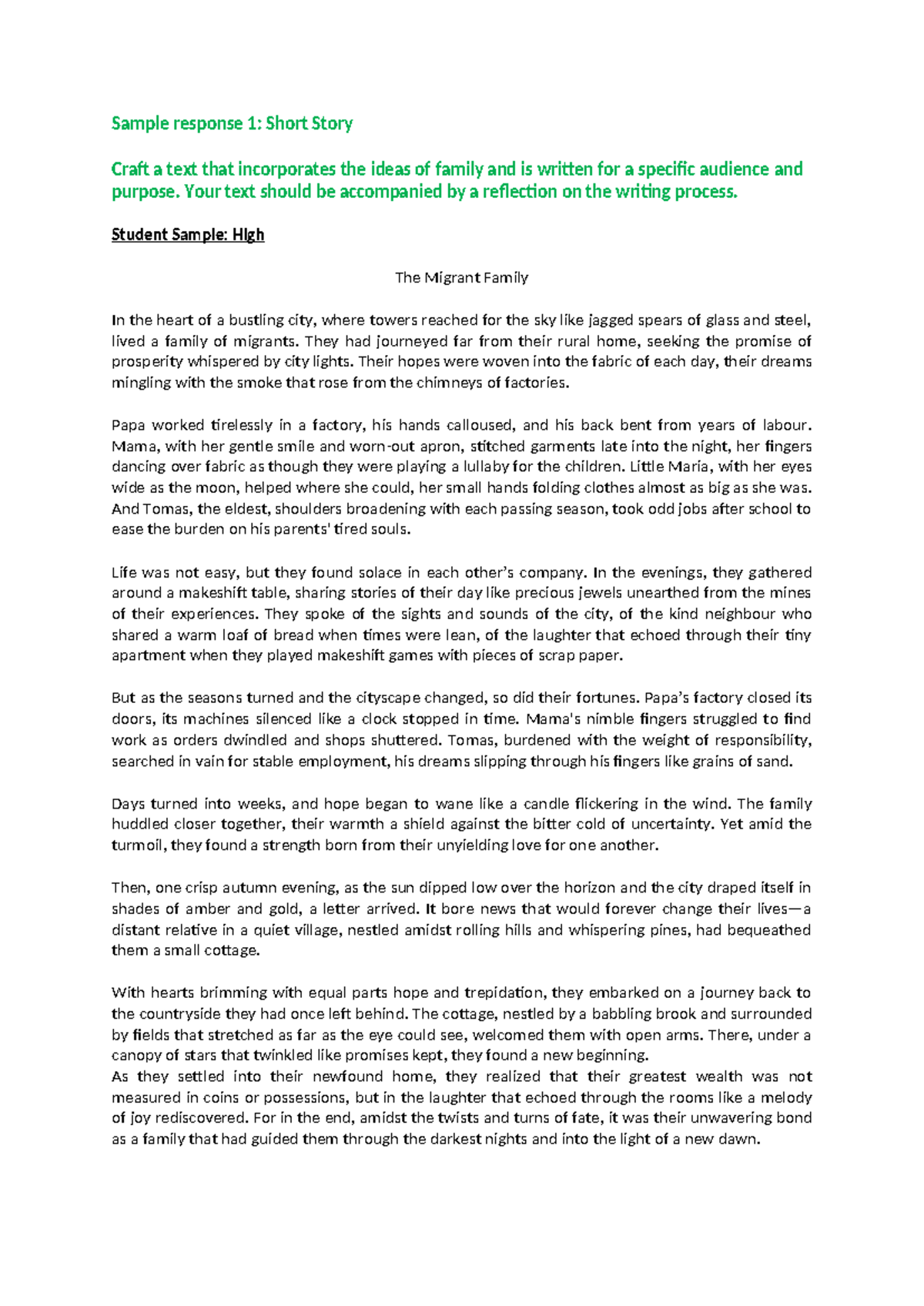 Reflective commentary template - Sample response 1: Short Story Craft a ...