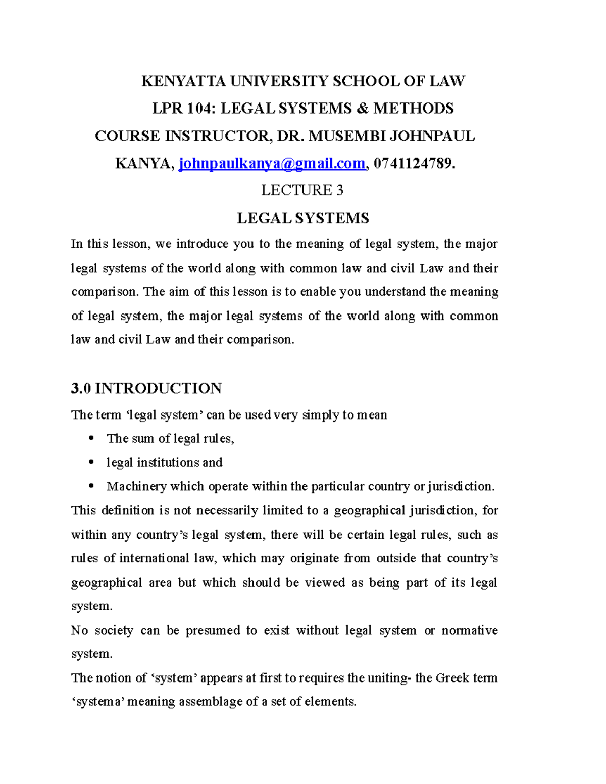 Legal Systems - KENYATTA UNIVERSITY SCHOOL OF LAW LPR 104: LEGAL ...