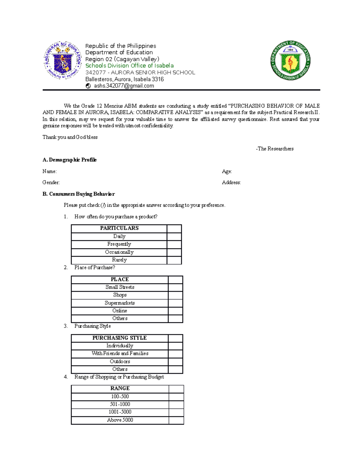 Pr2 survey questionnaire - Republic of the Philippines Department of ...