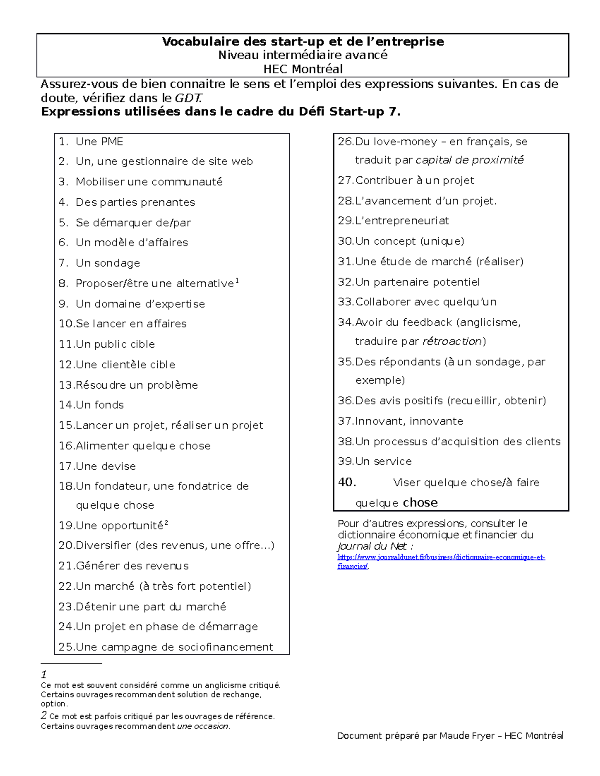 Vocabulaire sur les start-up et l entreprise H20 - Vocabulaire des ...