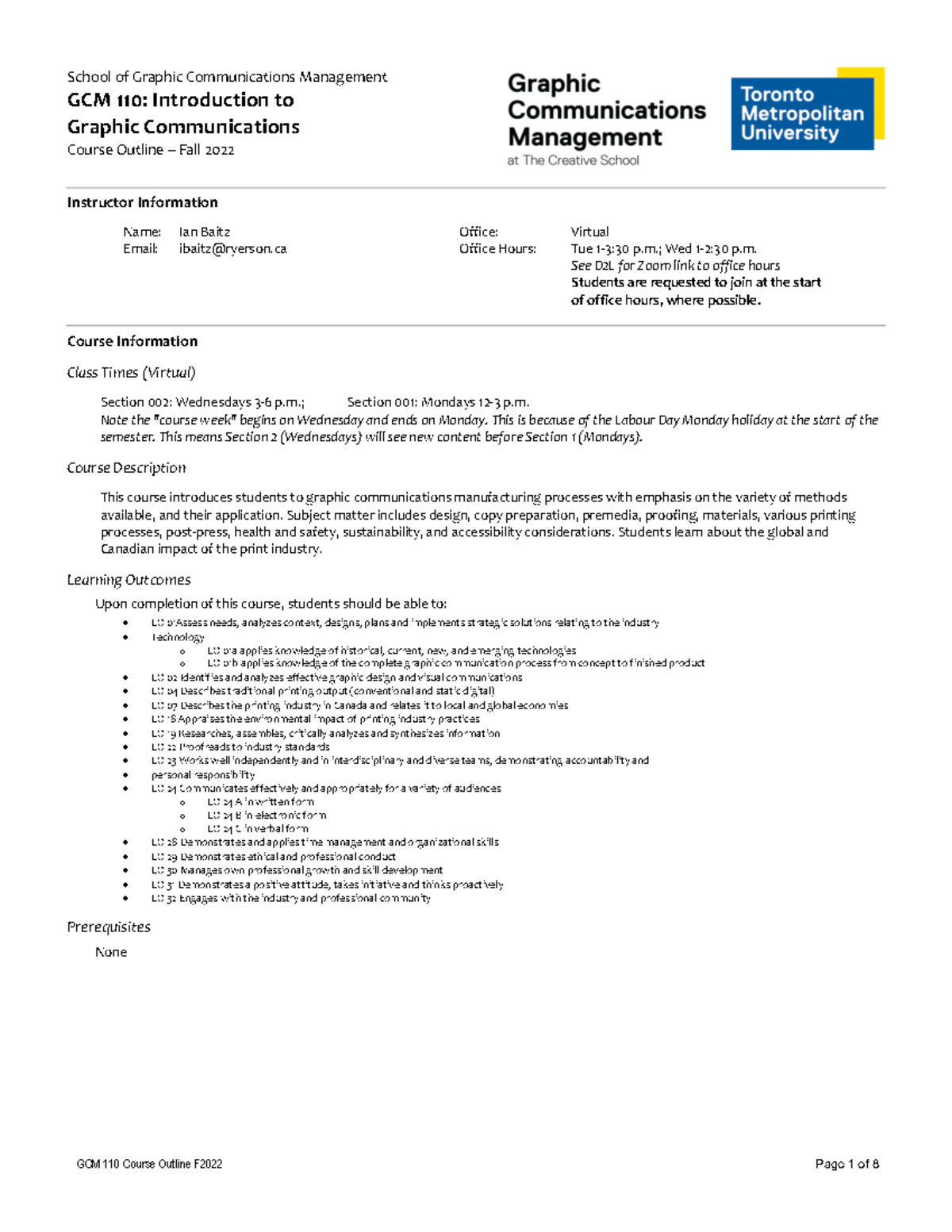 GCM 110 Course Outline F22 - School of Graphic Communications ...