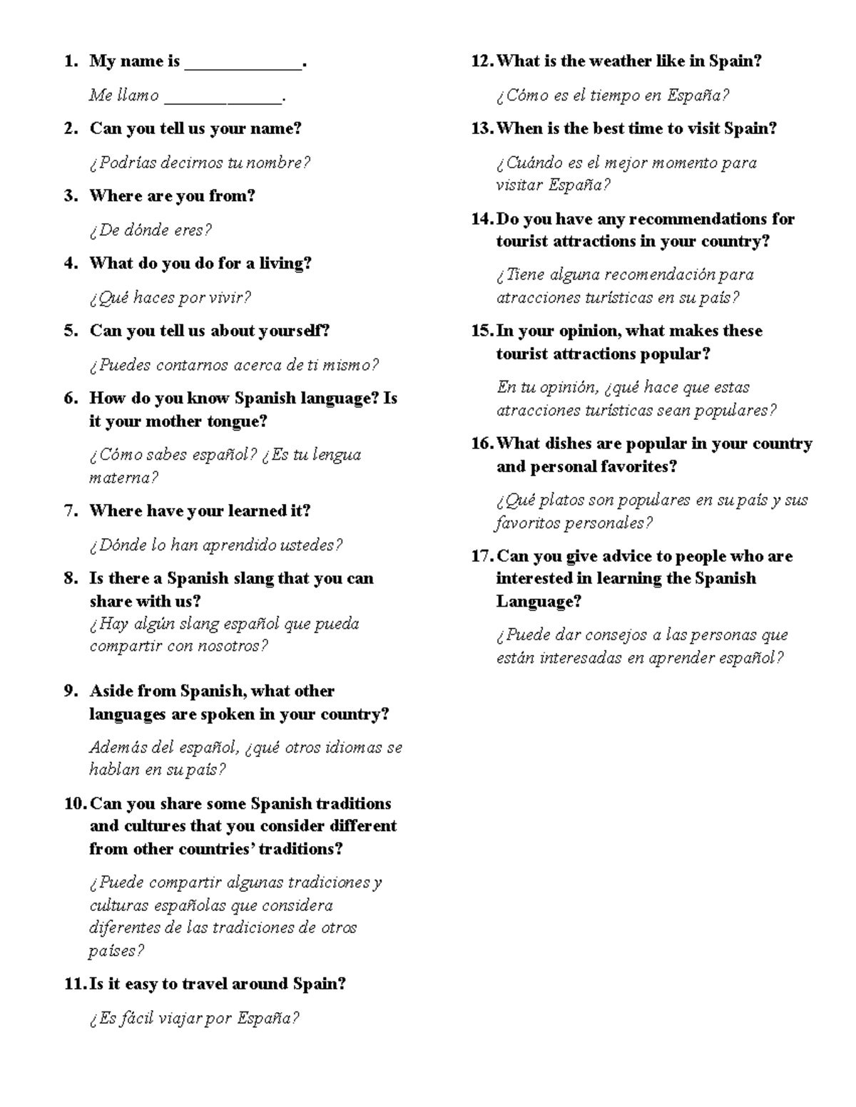 FOLA211-Interview Guide - My name is _____________. Me llamo ...