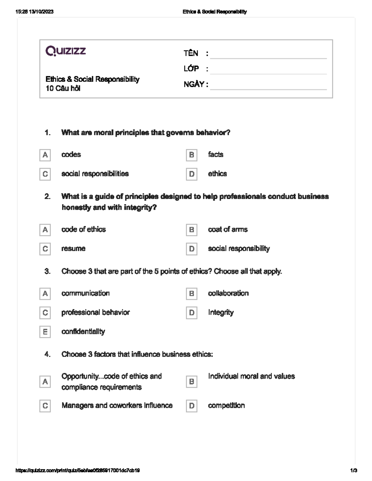 Ethics & Social Responsibility - Quản trị chiến lược - Studocu