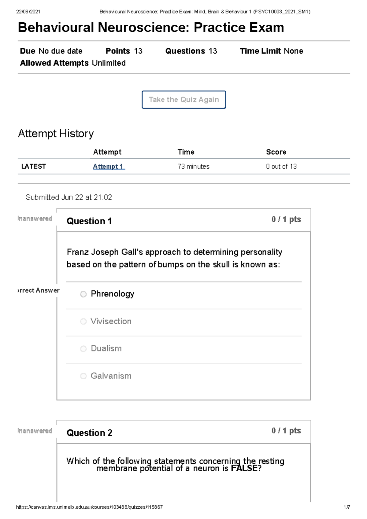 Behavioural Neuroscience: Practice Exam: Mind Brain Behaviour 1 - Studocu