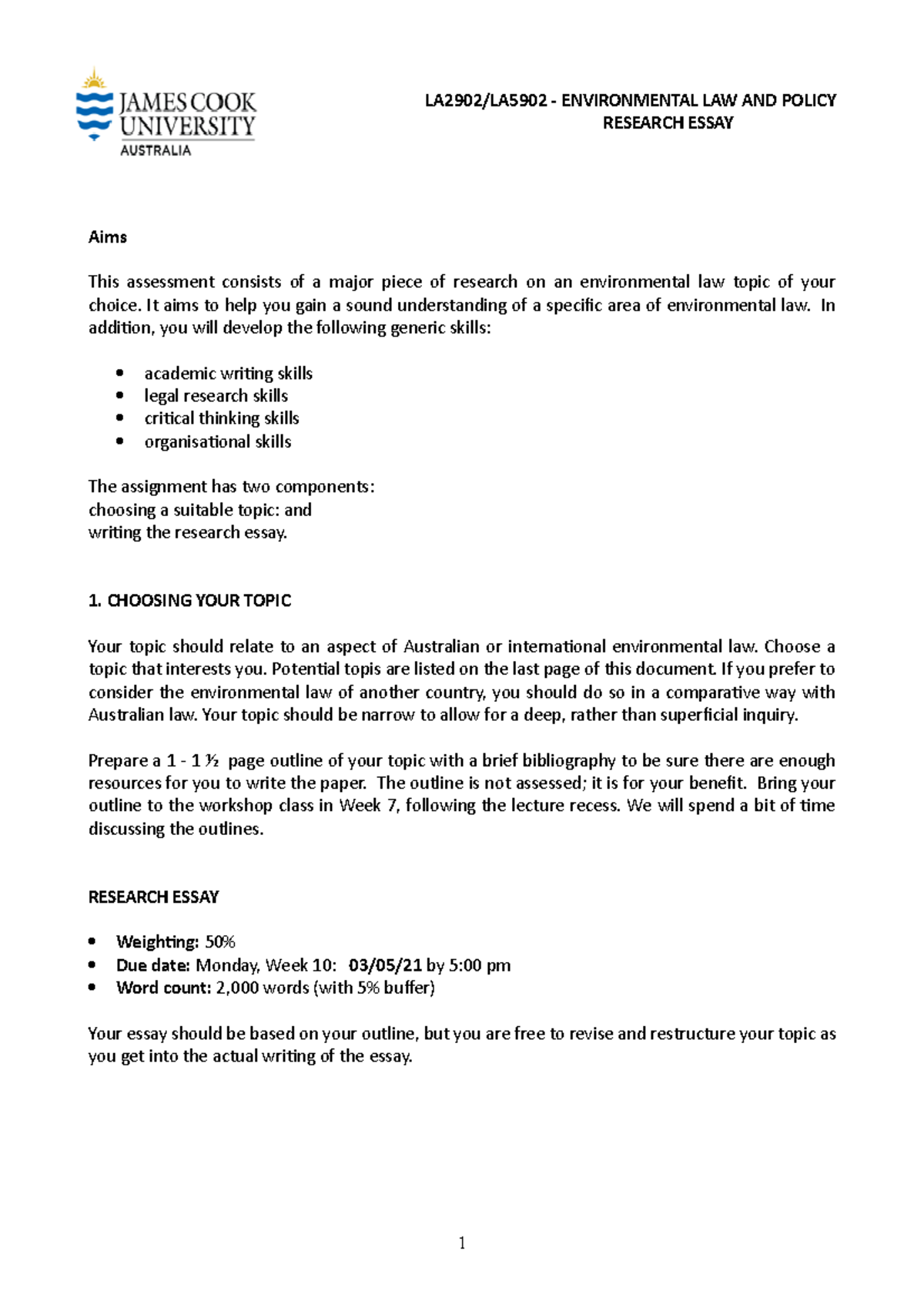 2021 Enviro Law Research Essay Assignment - LA2902/LA5902 ...
