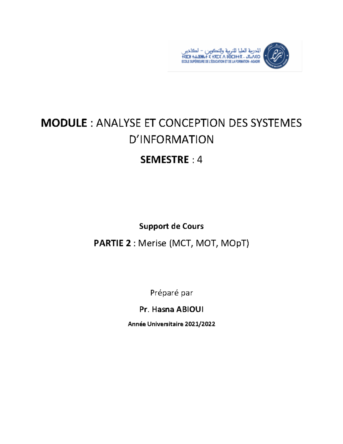 Polycopié Merise Traitement - MODULE : ANALYSE ET CONCEPTION DES ...