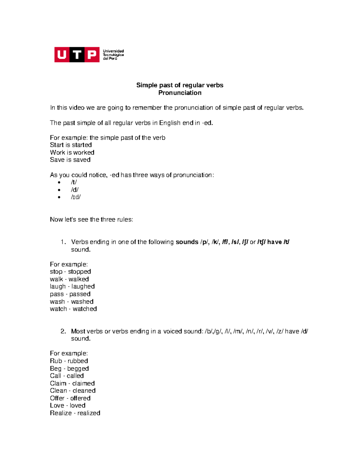 S01 Simple Past Of Regular Verbs Pronunciation Simple Past Of