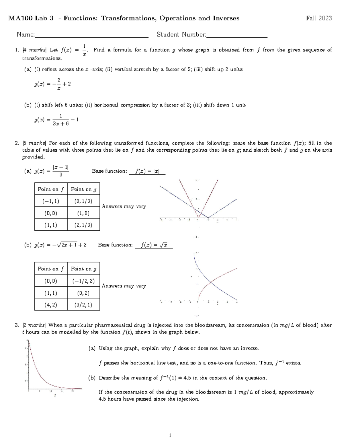 100Lab3Soln - Lab - MA100 Lab 3 - Functions: Transformations, Operations and Inverses Fall 2023 ...