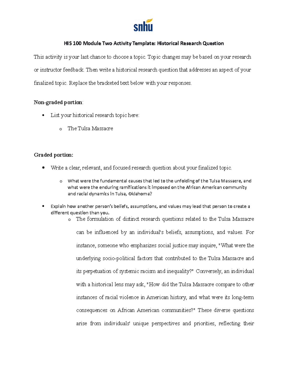 HIS 100 Module Two Activity Research Question Template - HIS 100 Module ...