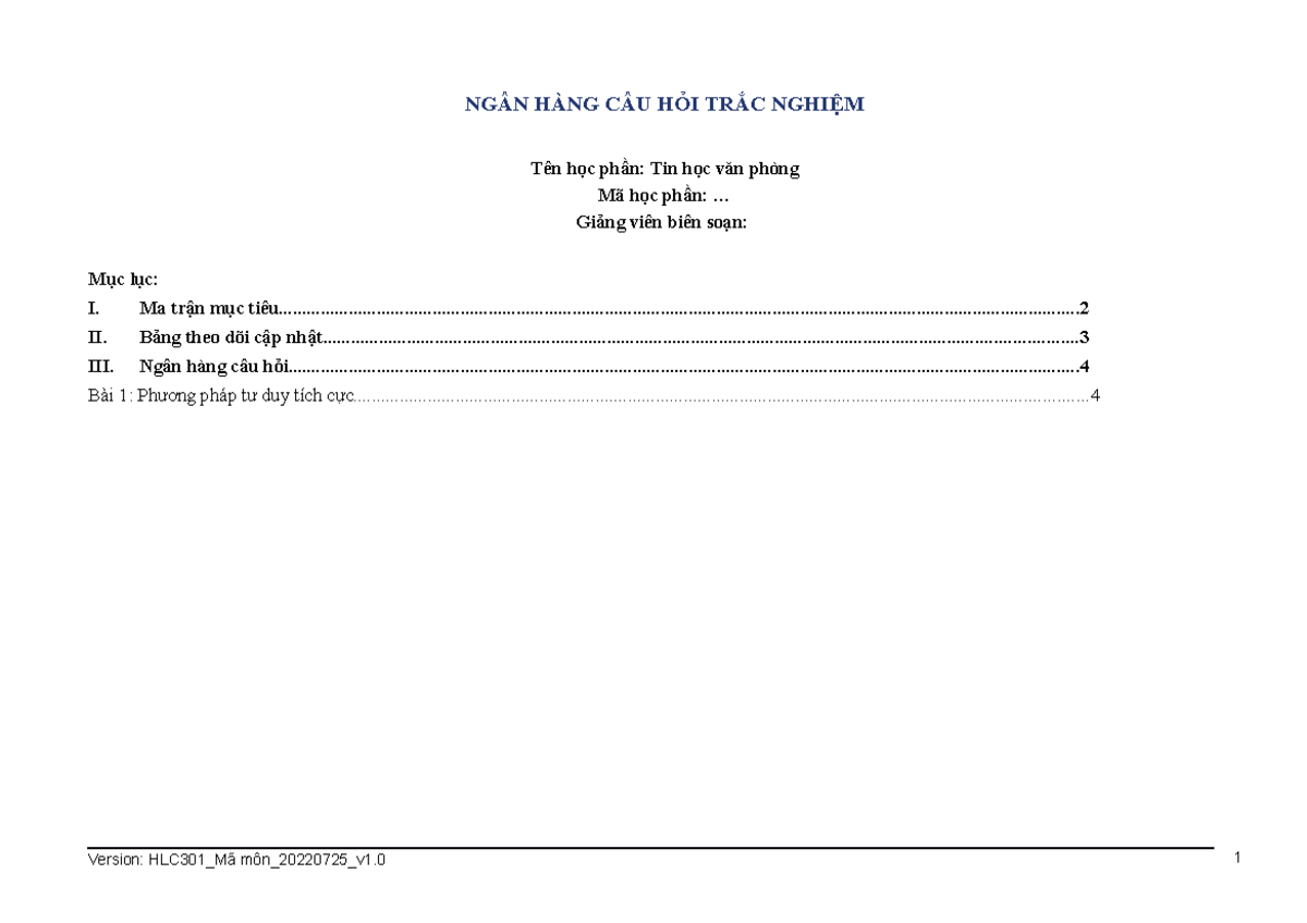 Template Ngan hang cau hoi trac nghiem 20220725 v1 - NGÂN HÀNG CÂU HỎI TRẮC NGHIỆM Tên học phần ...