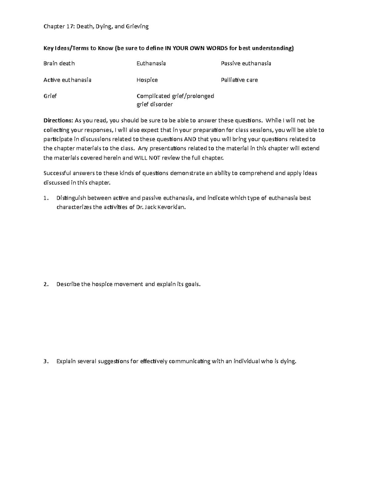 Questions and Study Sheet Chapter 17 - Chapter 17: Death, Dying, and ...