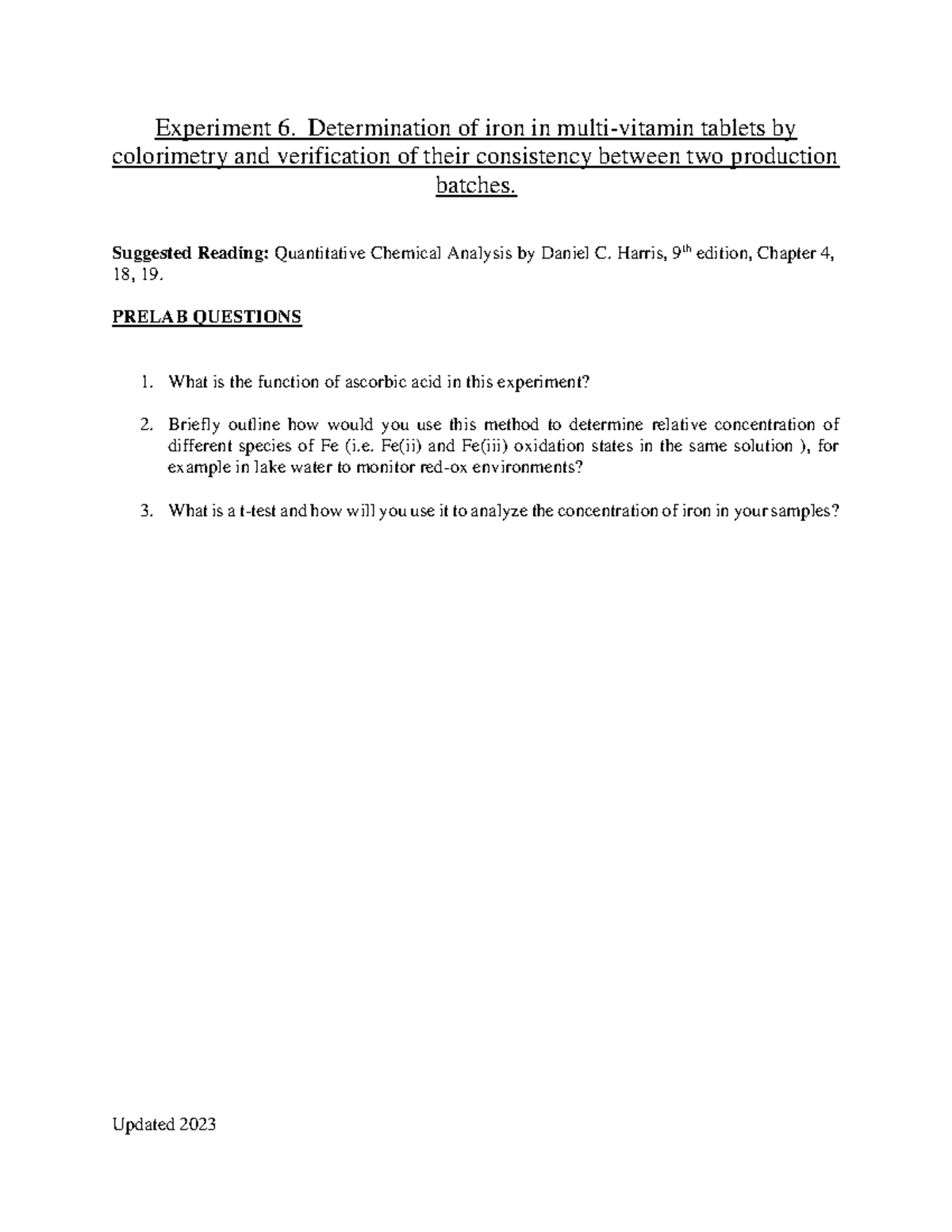 2023 CHM 2354 Experiment 6 - Experiment 6. Determination of iron in ...