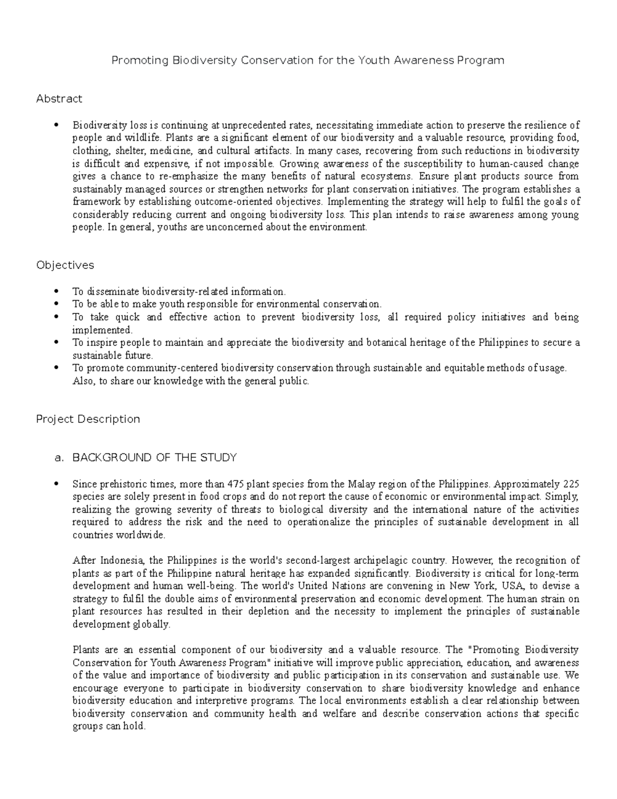 Proposal PLAN Promoting Biodiversity - Promoting Biodiversity ...