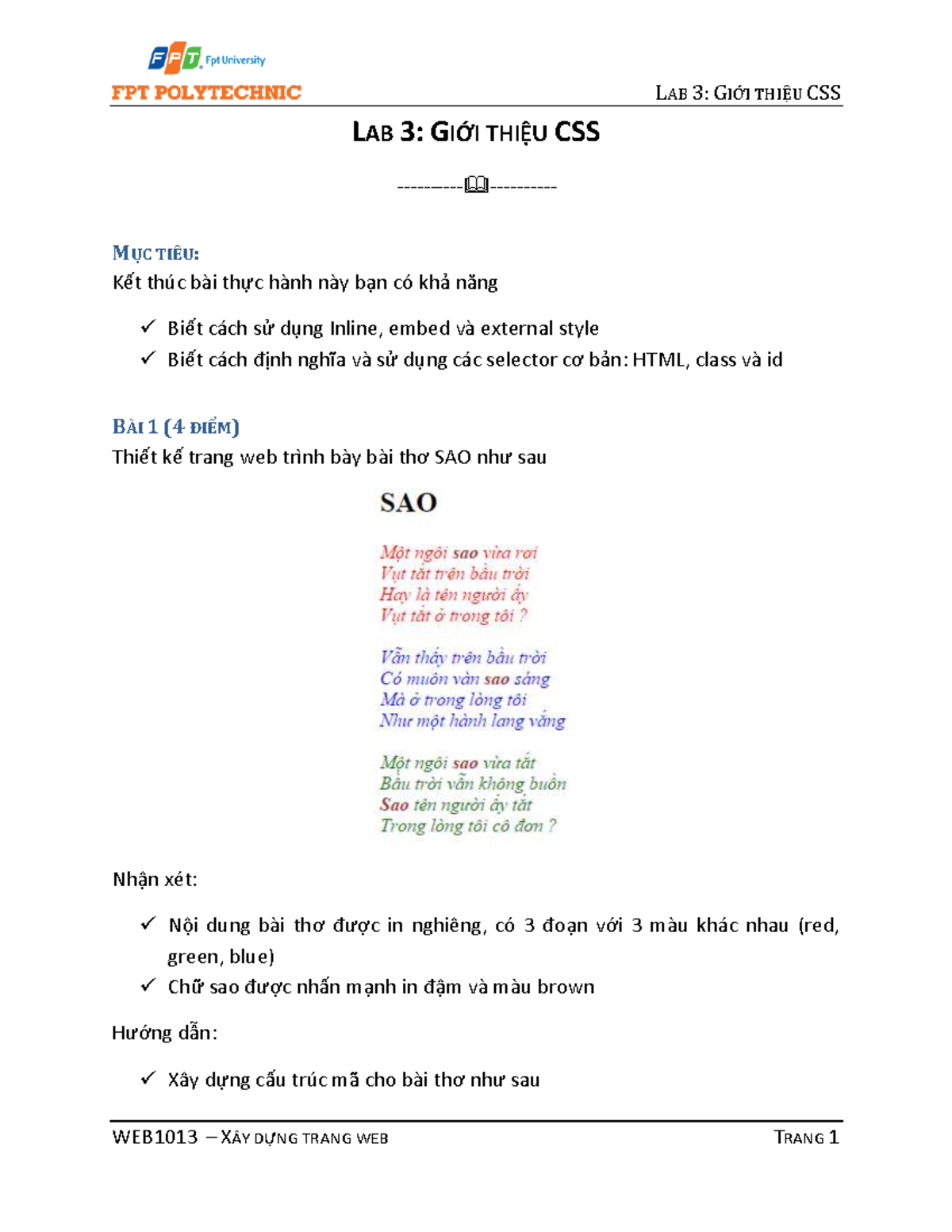 Web1013 Lab03 Phat Trien Phan Mêm Lab 3 GiỚi ThiỆu Css Web1013 XÂy DỰng Trang Web Trang 1
