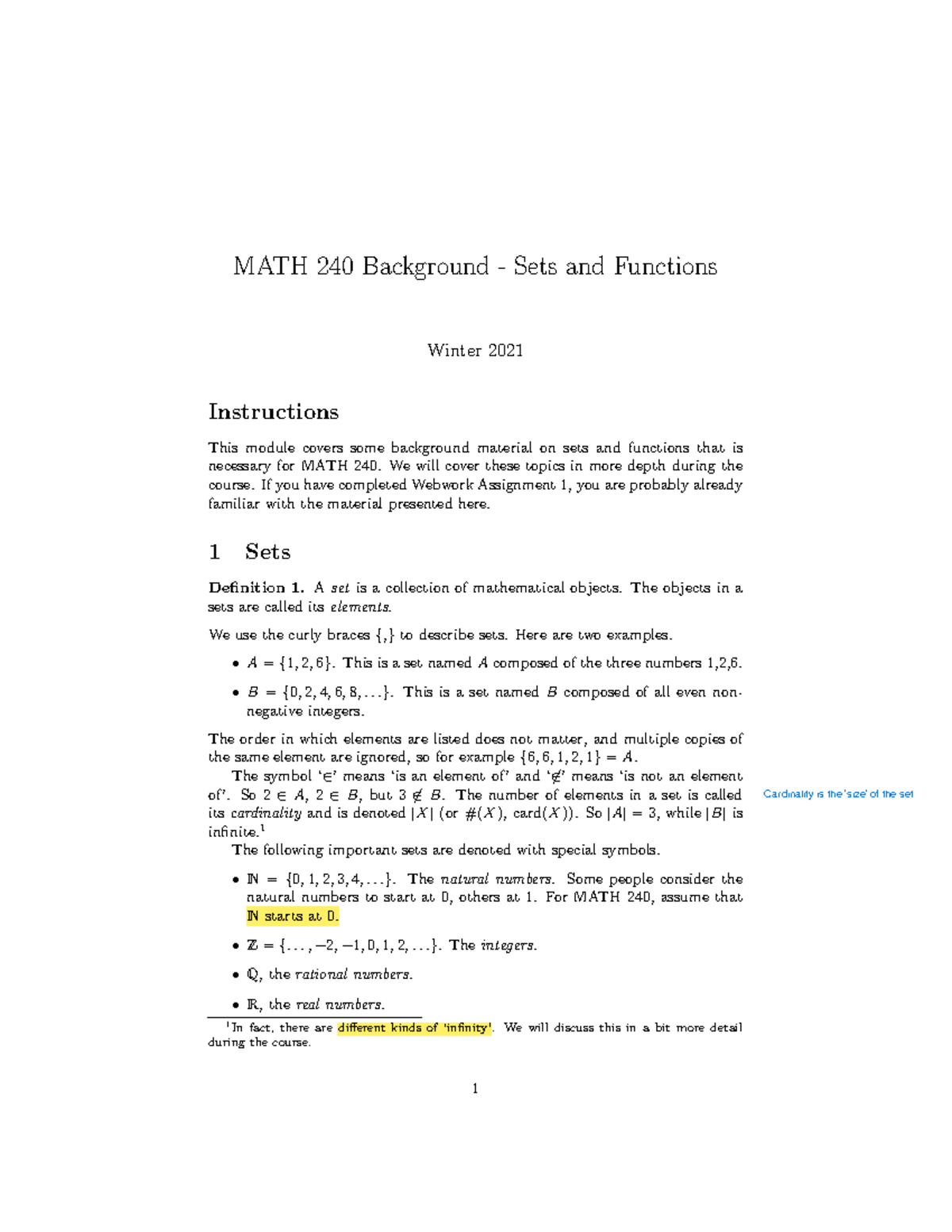 MATH 240 Background - Sets and Functions - MATH 240 Background - Sets ...