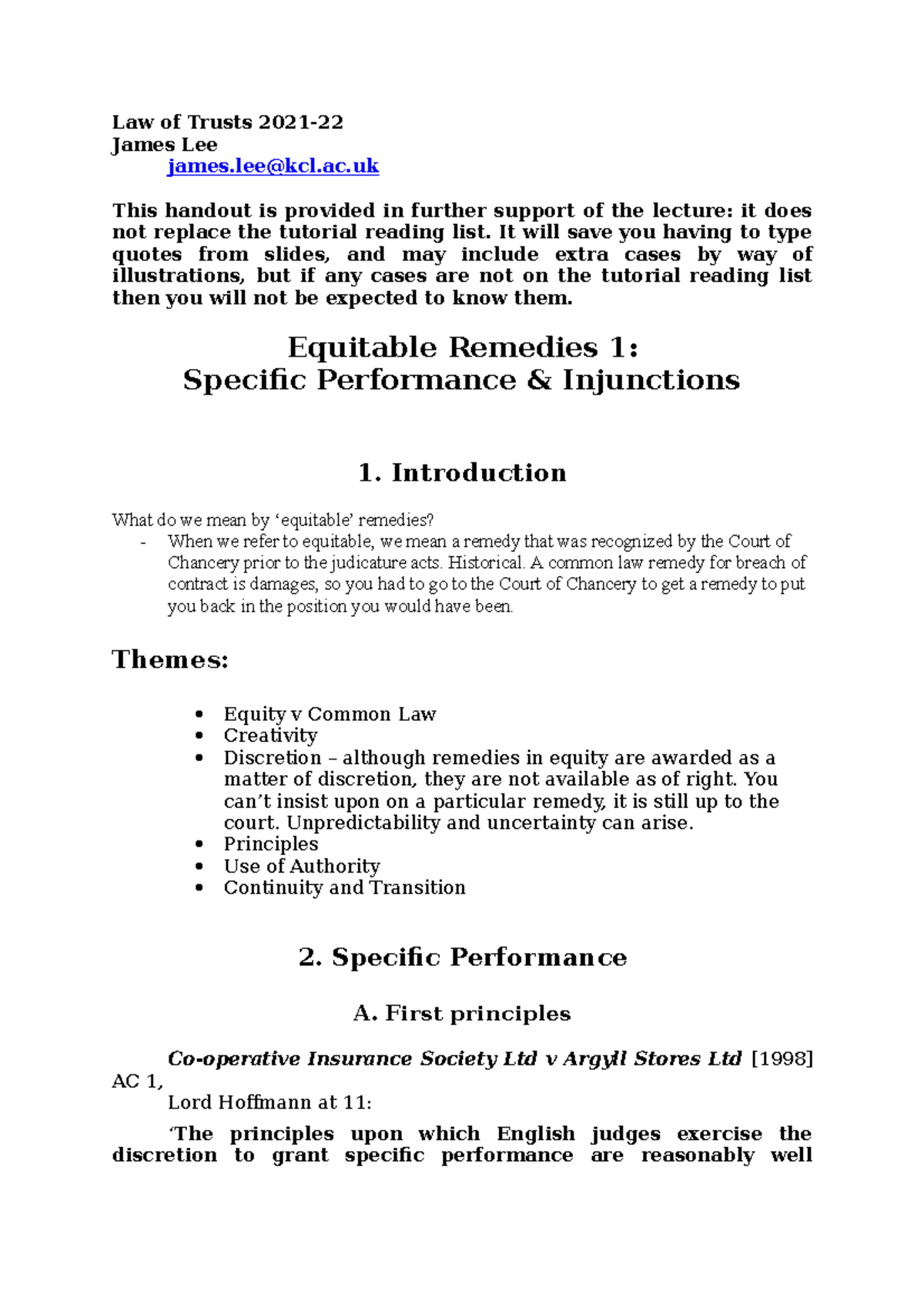 Equitable Remedies - Tutorial 1 - Law of Trusts 2021- James Lee james@kcl.ac This handout is ...