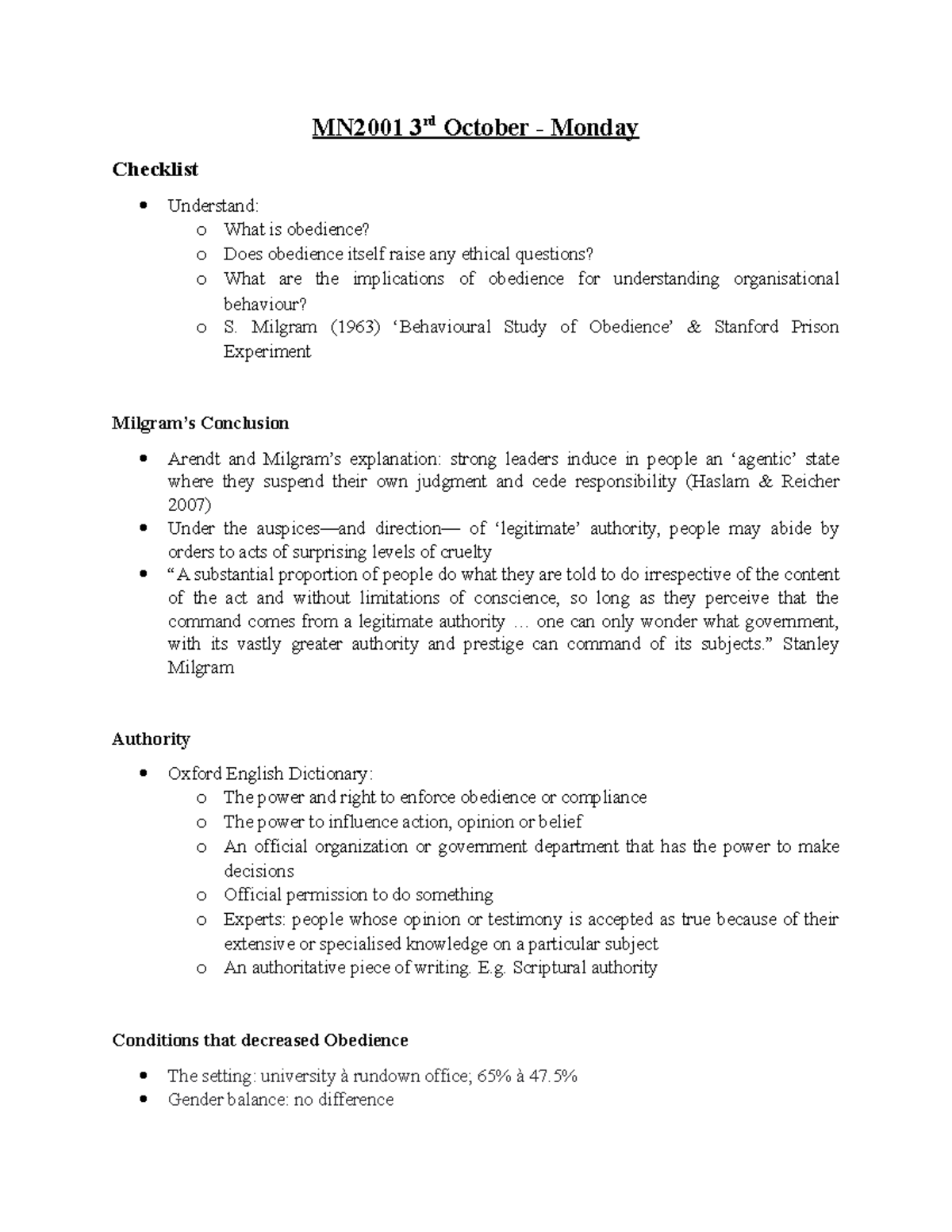 MN2001 3rd October - Monday - MN2001 3rd October - Monday Checklist ...