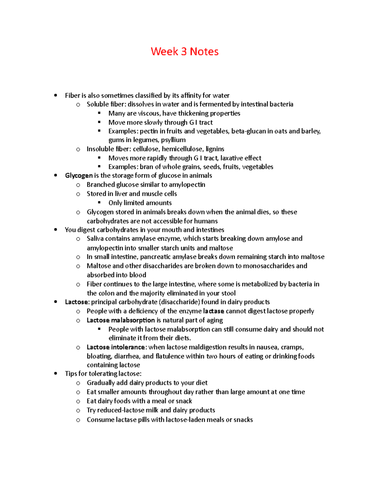 Week 3 Notes - Nutrients - Week 3 Notes Fiber is also sometimes ...