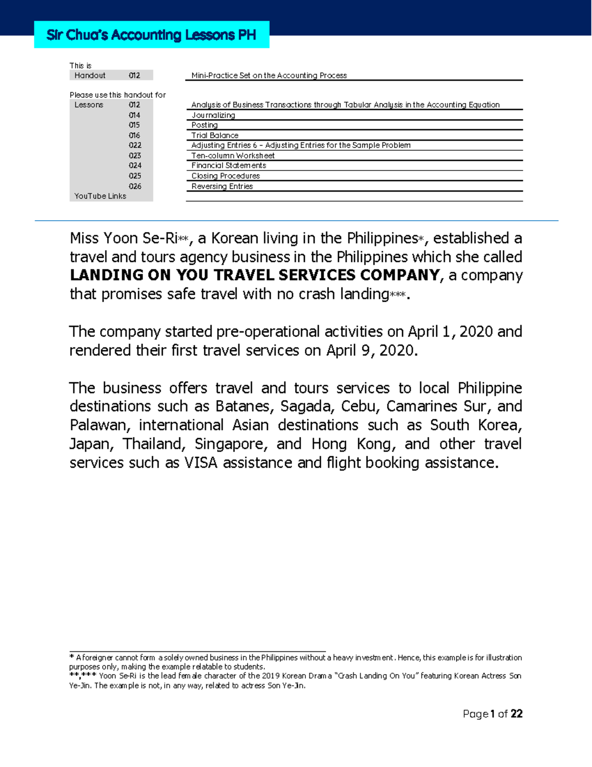 Accounting Handout 012 - Handout 012 Mini-Practice Set on the ...