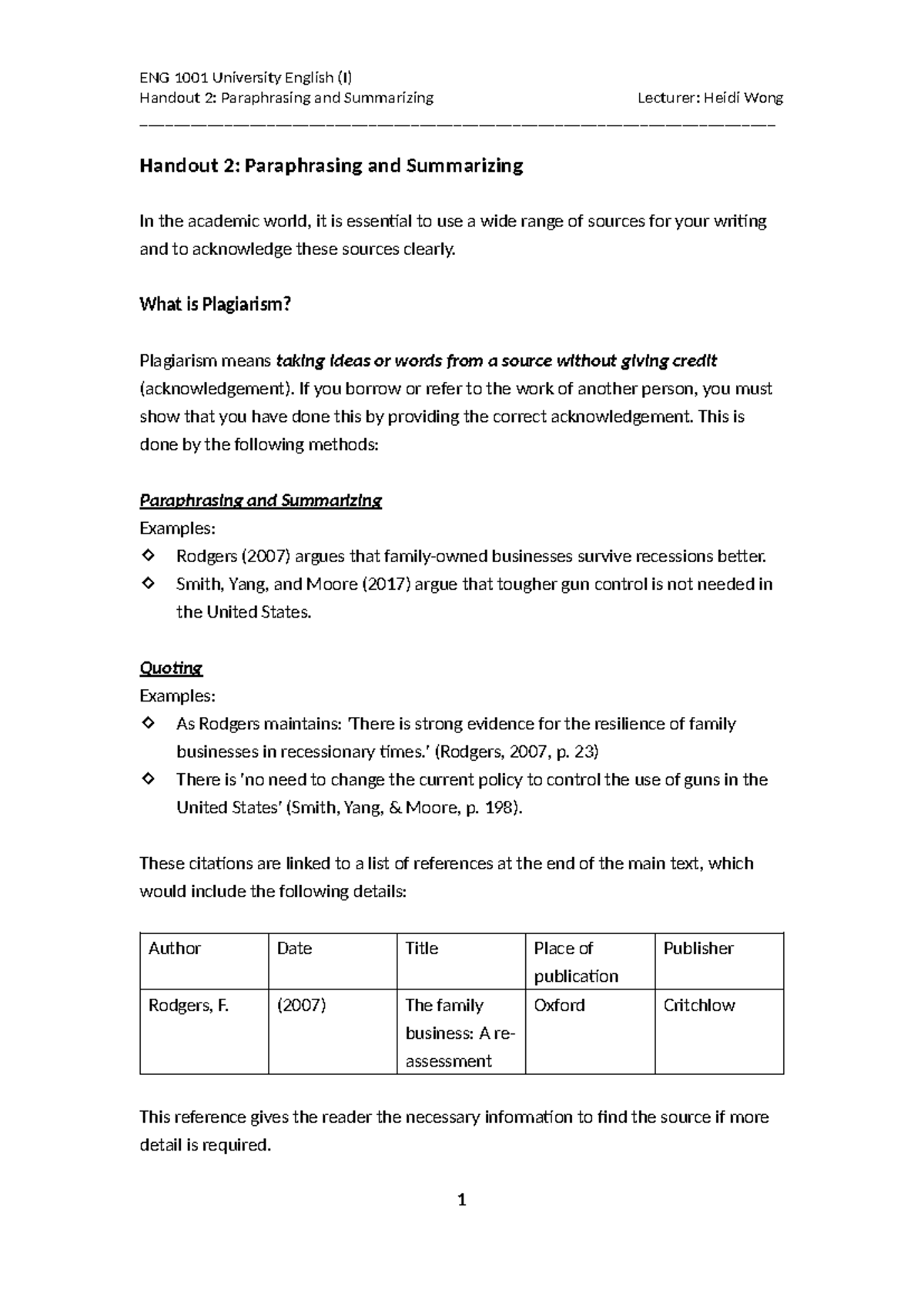 Handout 2- Paraphrasing and Summarising copy - Handout 2: Paraphrasing ...