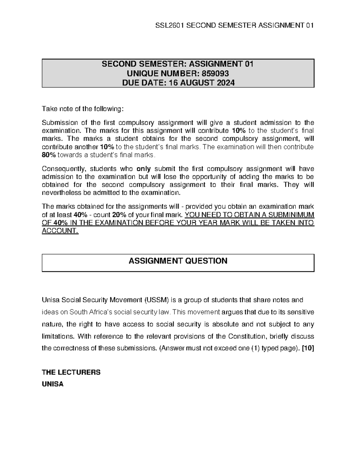 SSL2601 02 Assignment 1 - SSL 2601 SECOND SEMESTER ASSIGNMENT 0 1 SECOND SEMESTER: ASSIGNMENT 0 ...