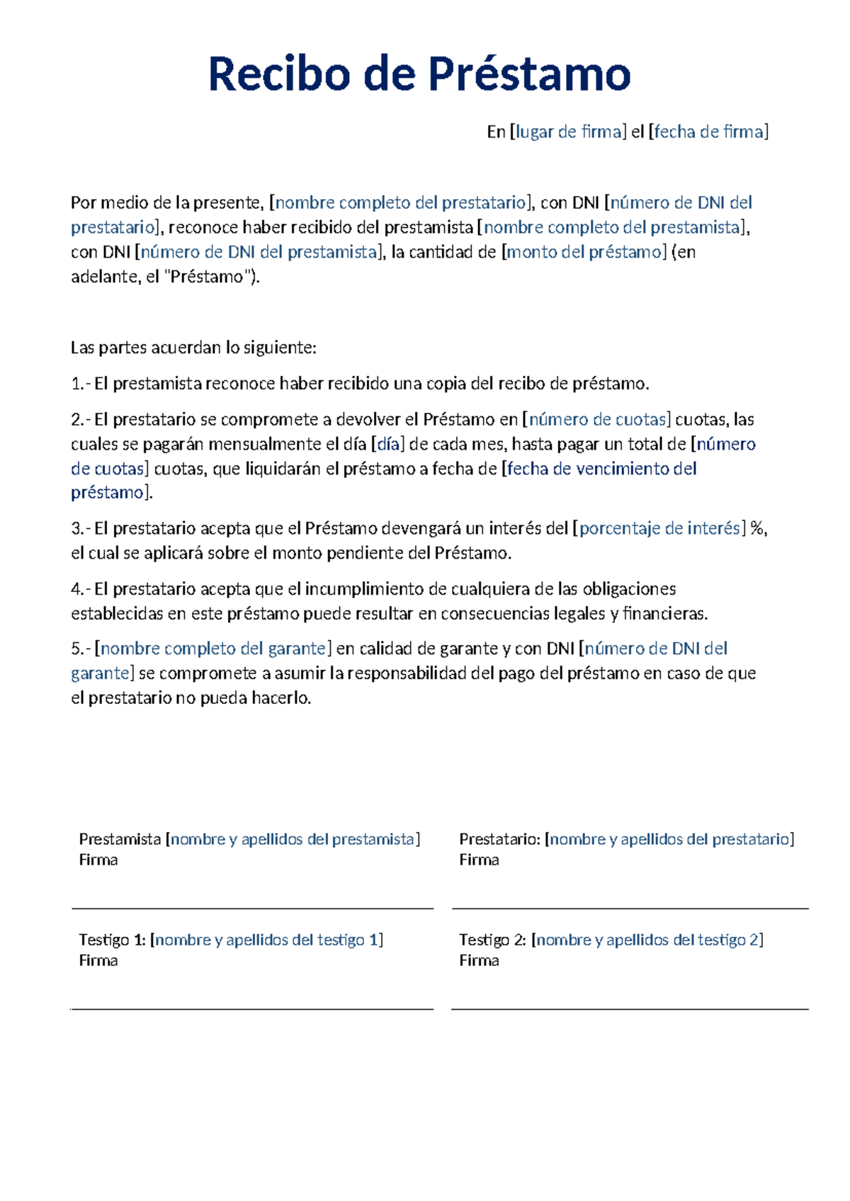 Recibo de prestamo de dinero en Word - Recibo de Préstamo En [lugar de ...