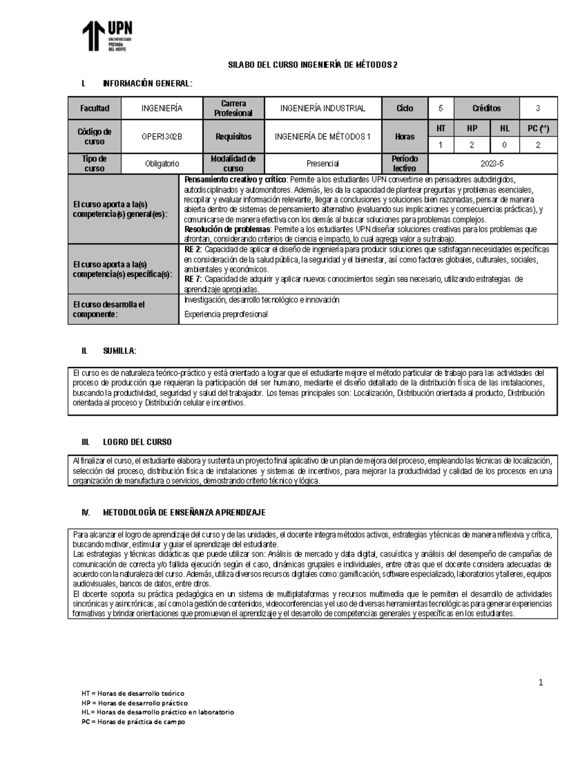 223534 OPER1302B - Syllabus - 1 HT = Horas de desarrollo teÛrico HP = Horas de desarrollo pr ...