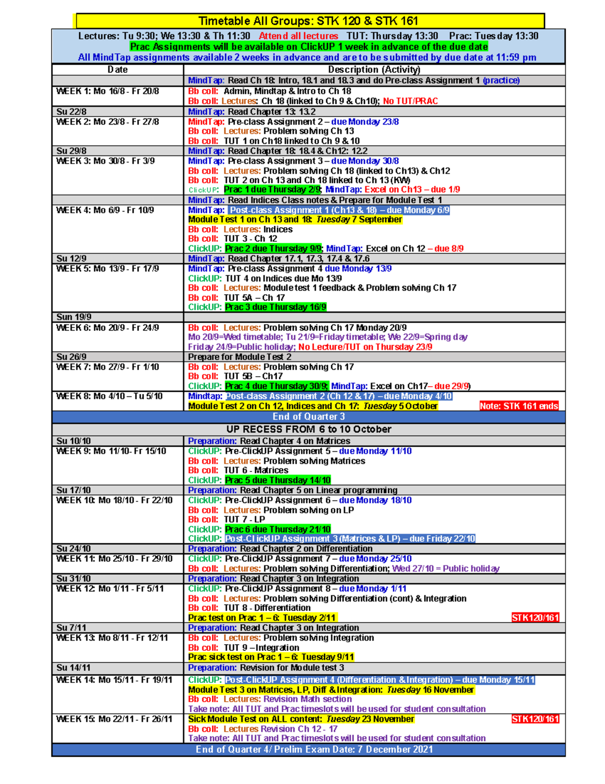 STK120 Schedule 2021 - Timetable All Groups: STK 120 & STK 161 Lectures ...