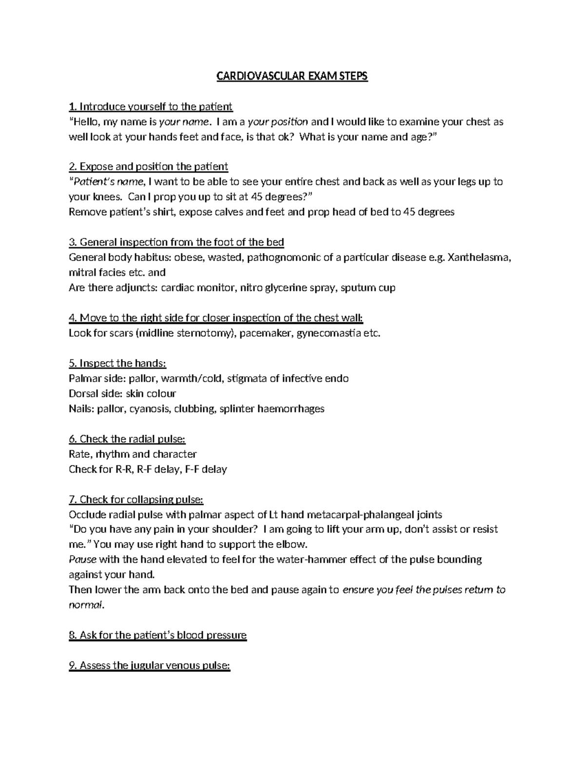 Harvey ardiovascular Exam Steps - CARDIOVASCULAR EXAM STEPS 1 ...