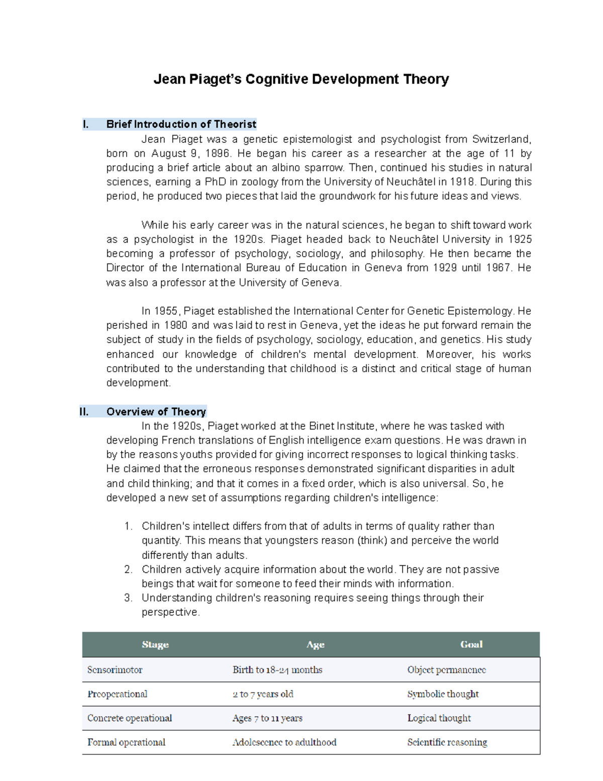 Jean Piaget's Cognitive Development - Brief Introduction of Theorist ...