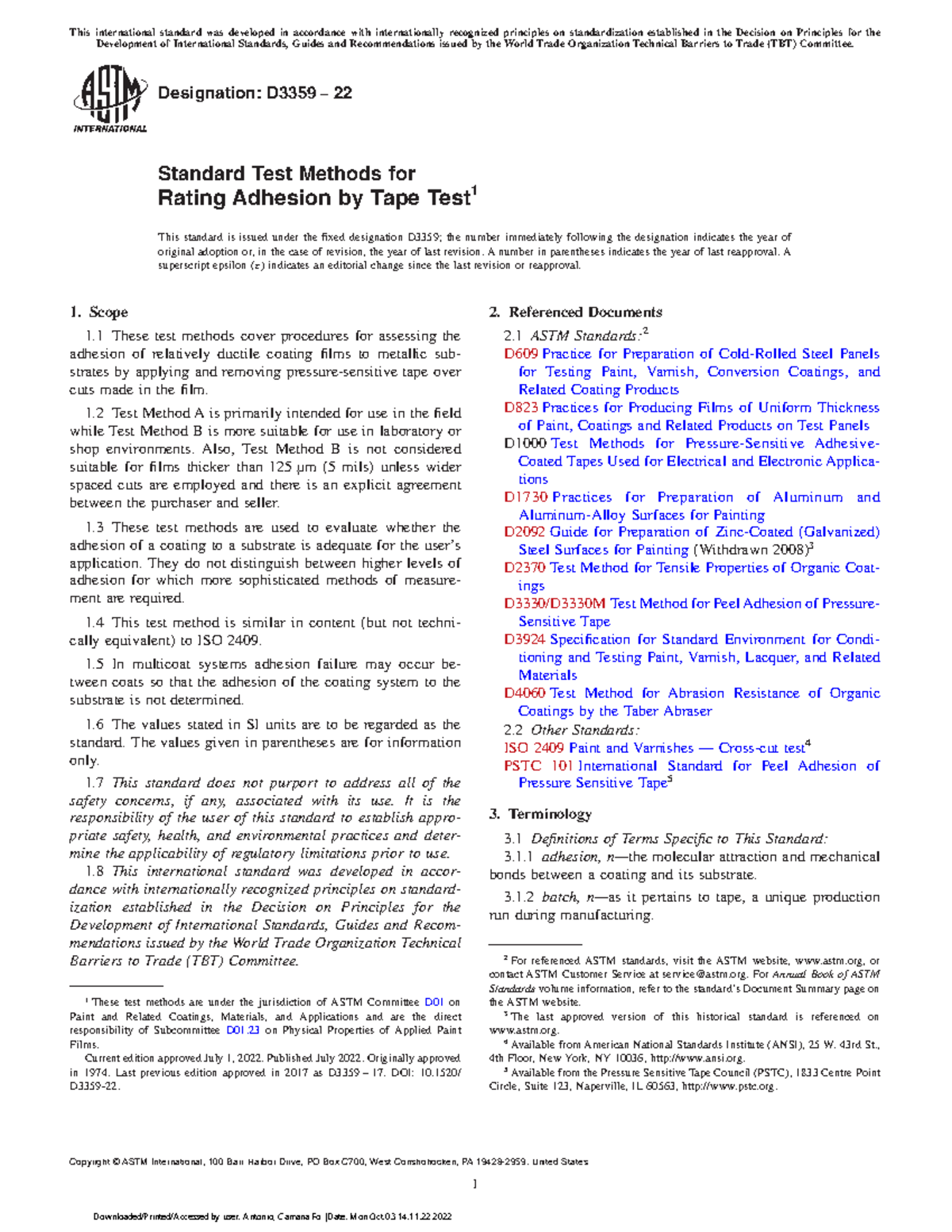 ASTM D3359−2022 - Adhesion test standard - Designation: D3359 − 22 ...