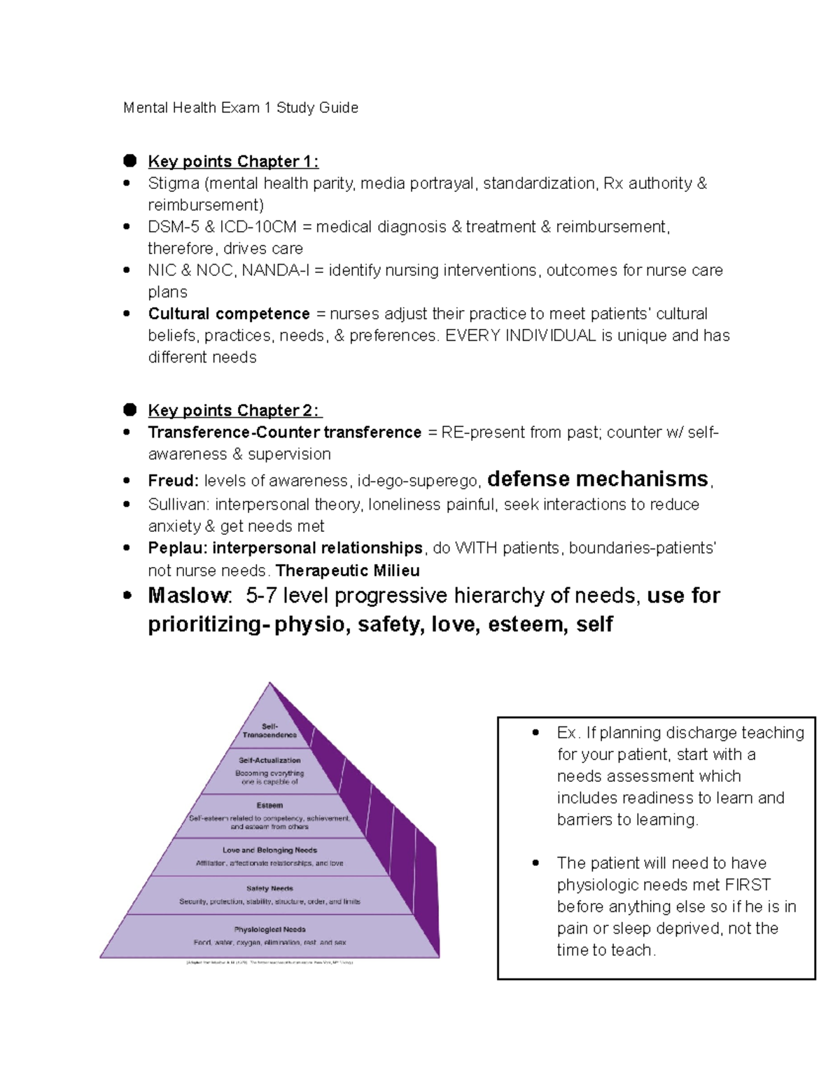 MH Exam #1 Study Guide - Mental Health Exam 1 Study Guide Key points ...