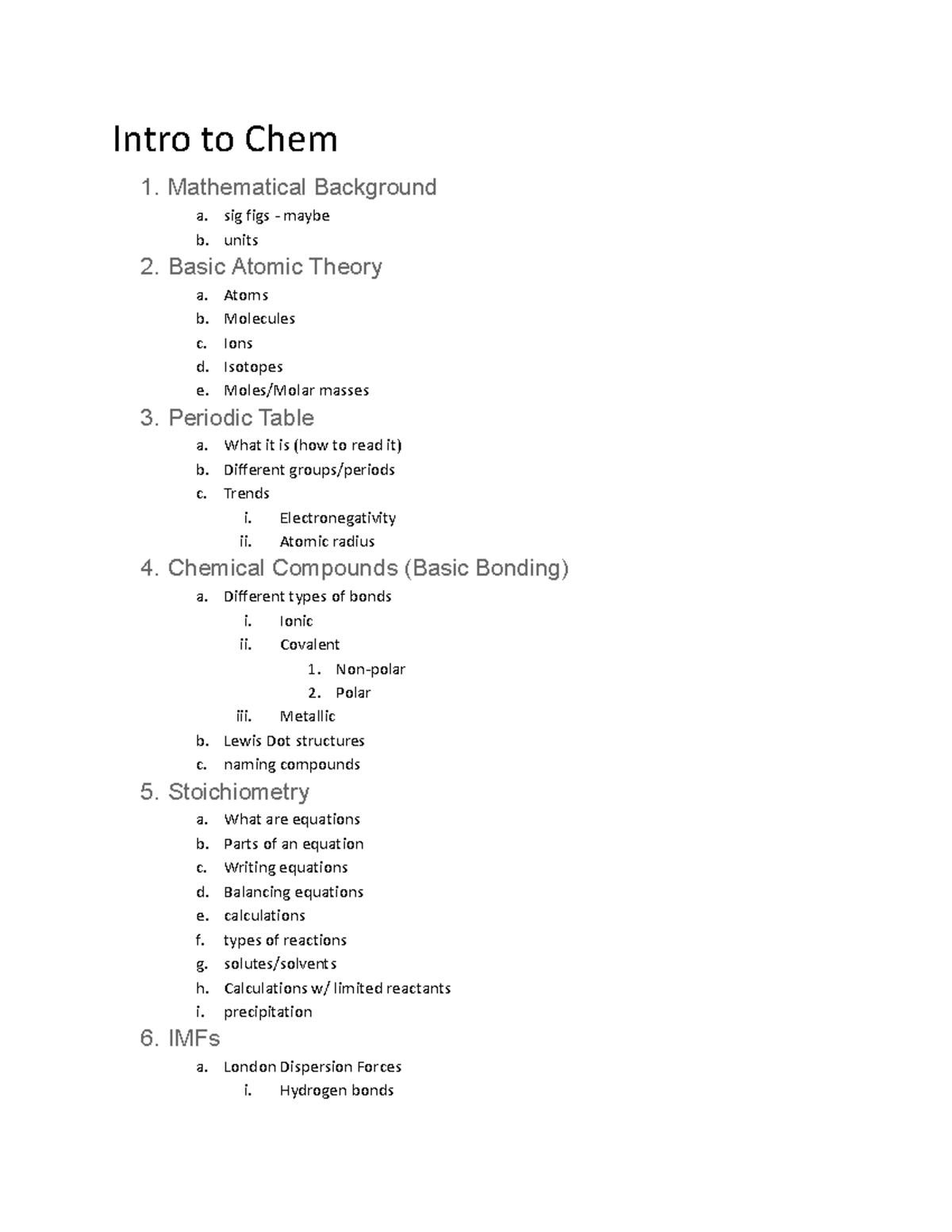Chemistry Syllabus - Intro to Chem 1. Mathematical Background a. sig ...