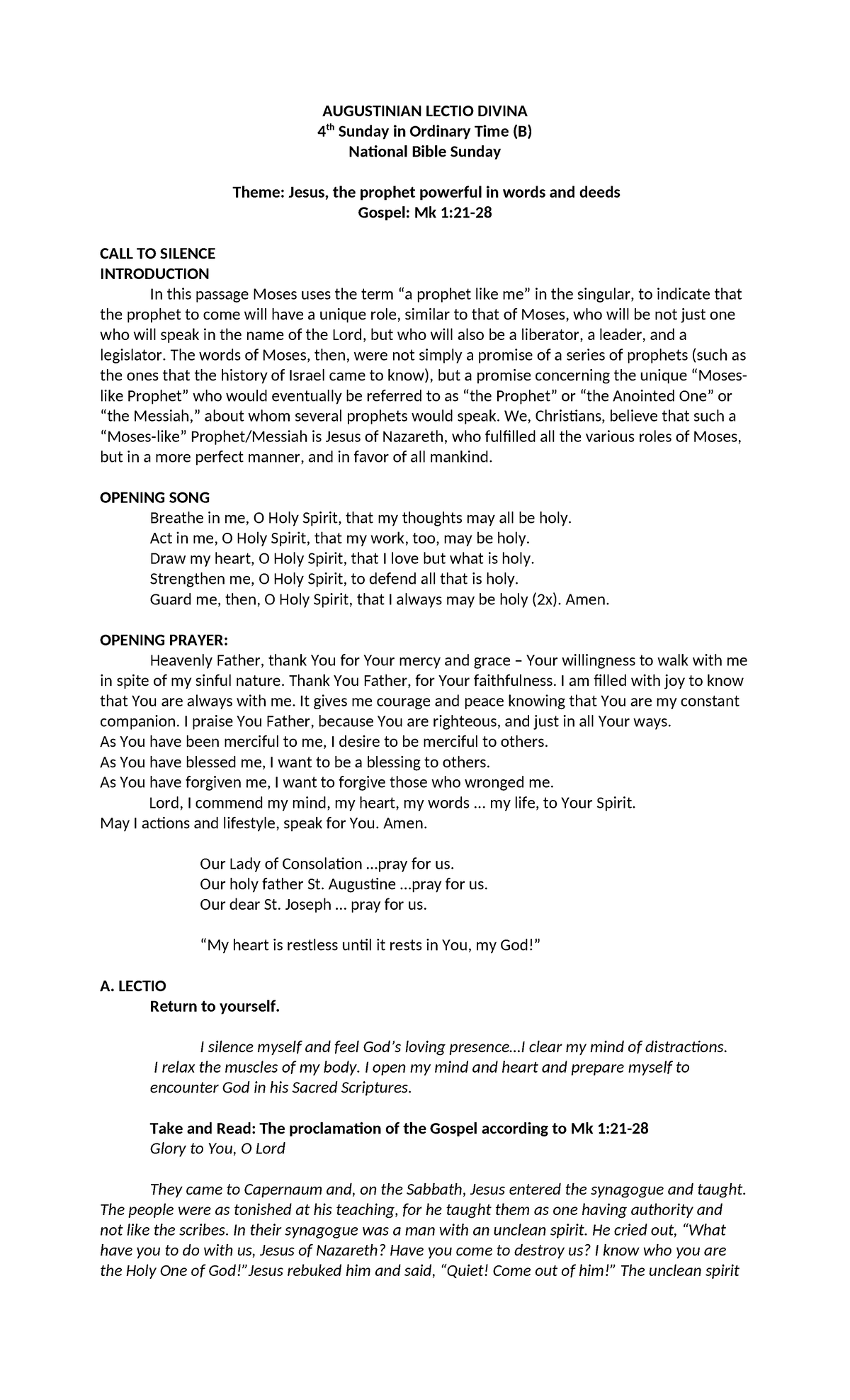 Jan.29 2024 ALD - eeeee - AUGUSTINIAN LECTIO DIVINA 4 th Sunday in ...