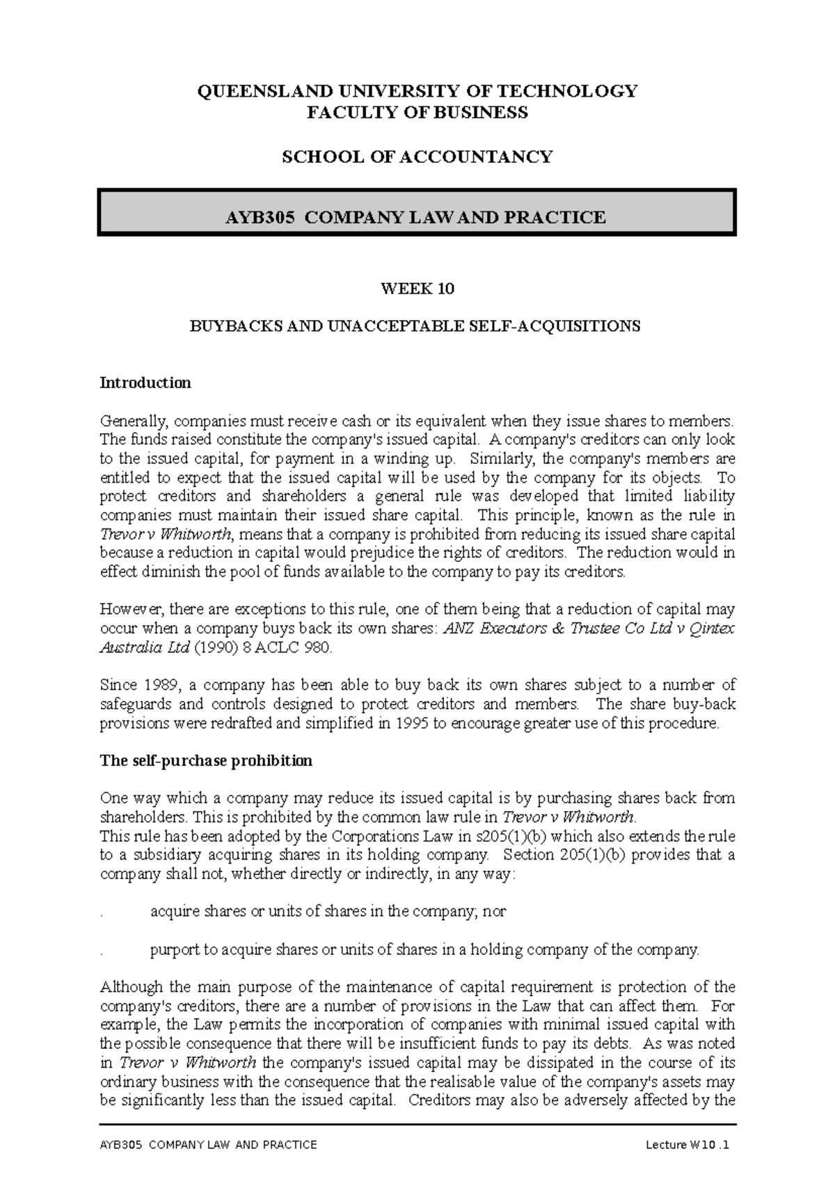 LEC10 - Tutor answers - QUEENSLAND UNIVERSITY OF TECHNOLOGY FACULTY OF ...