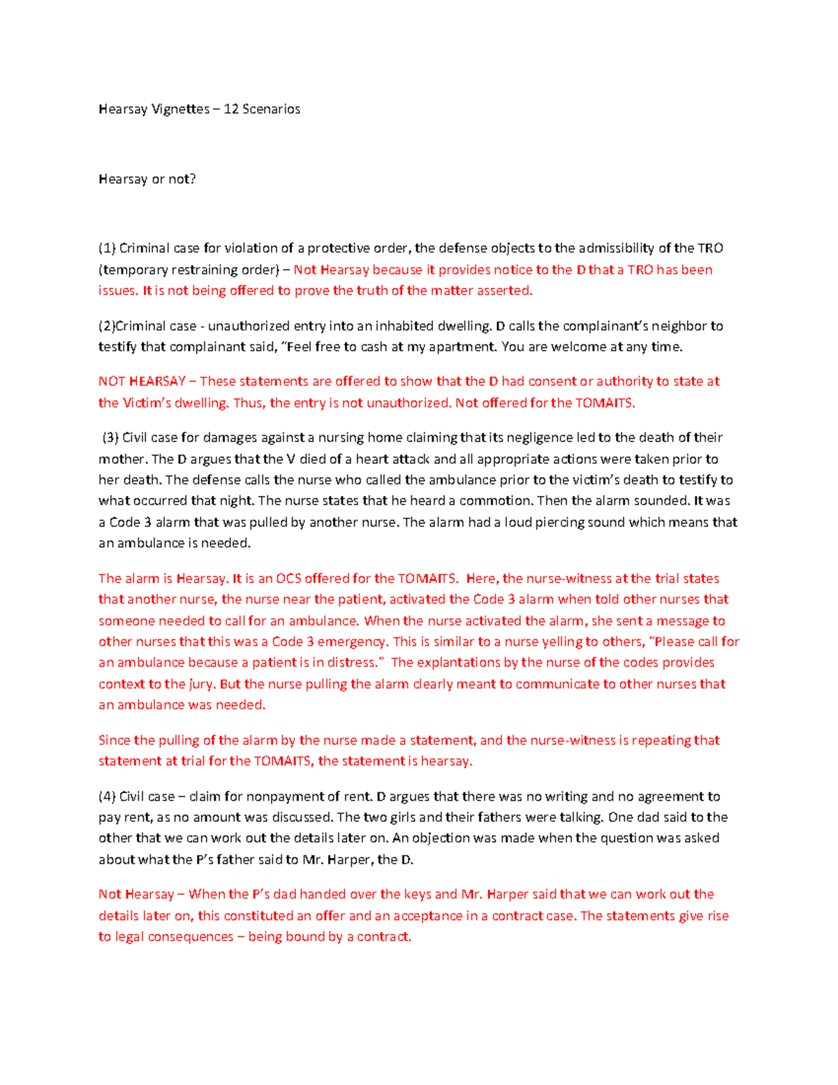 20. Answer to Hearsay Vignettes - Hearsay Vignettes – 12 Scenarios ...