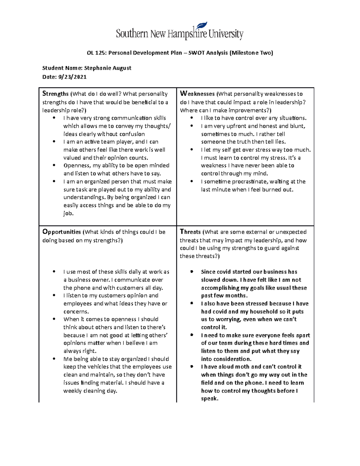 Stephanie OL 125 Final Milestone Two Template - OL 125: Personal ...