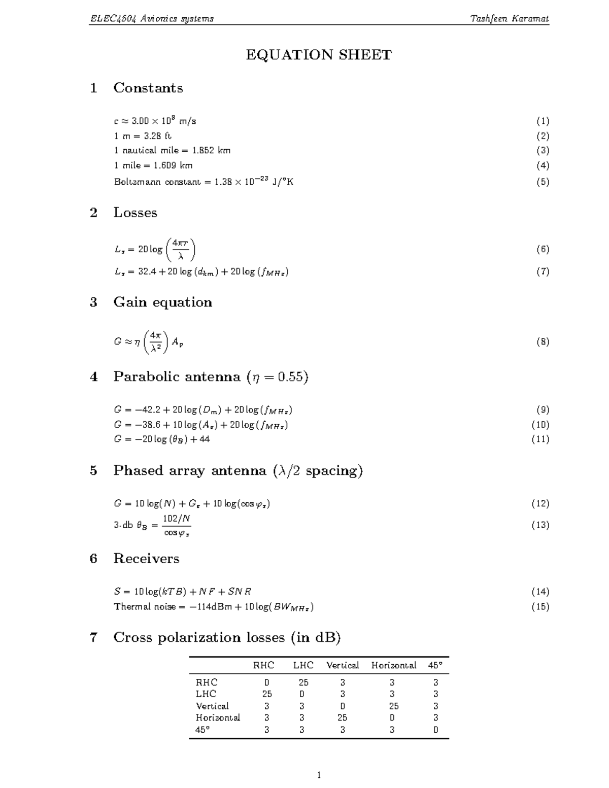 Equation sheet 4504 W21 V2 - ELEC4504 Avionics systems Tashfeen Karamat ...