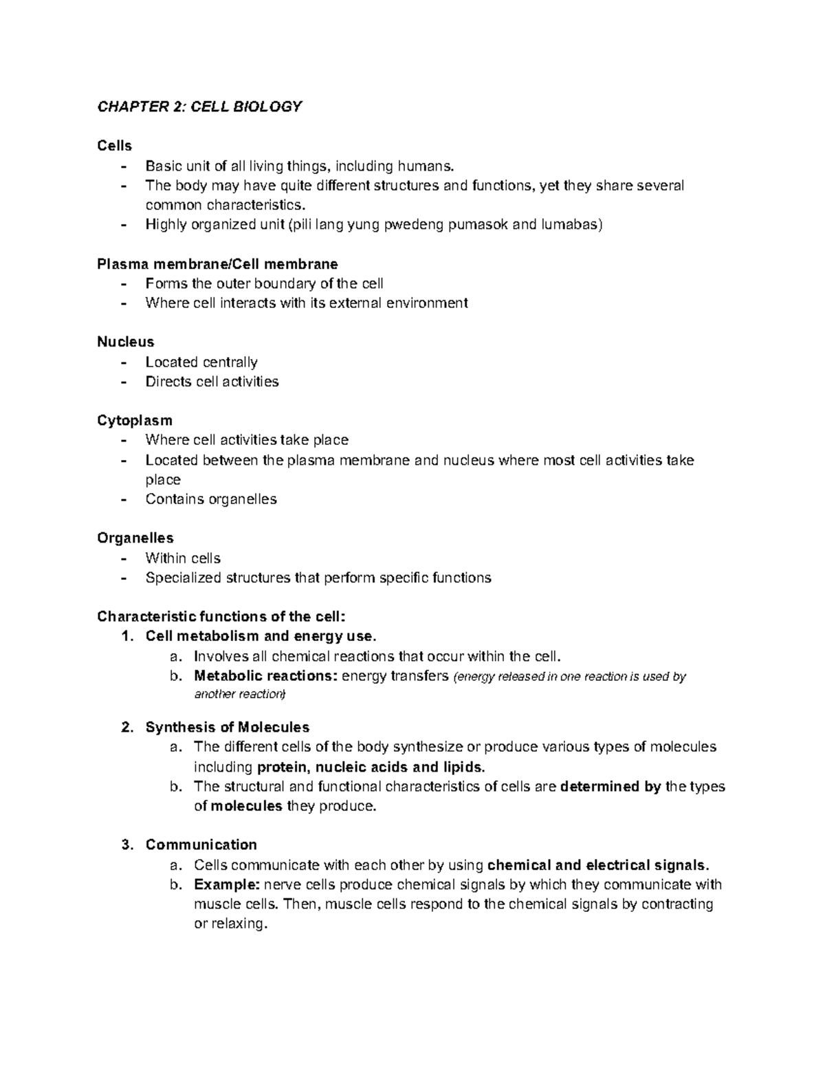 Anaphy Cell Biology - CHAPTER 2: CELL BIOLOGY Cells - Basic unit of all ...